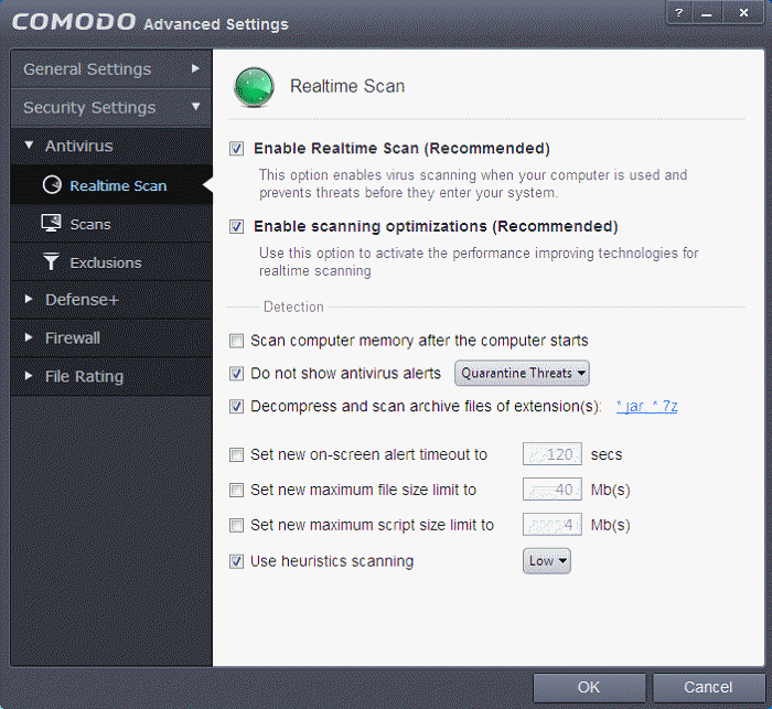 Antivirus Settings, Real Time Virus Scanning Settings | Internet Security v6.2